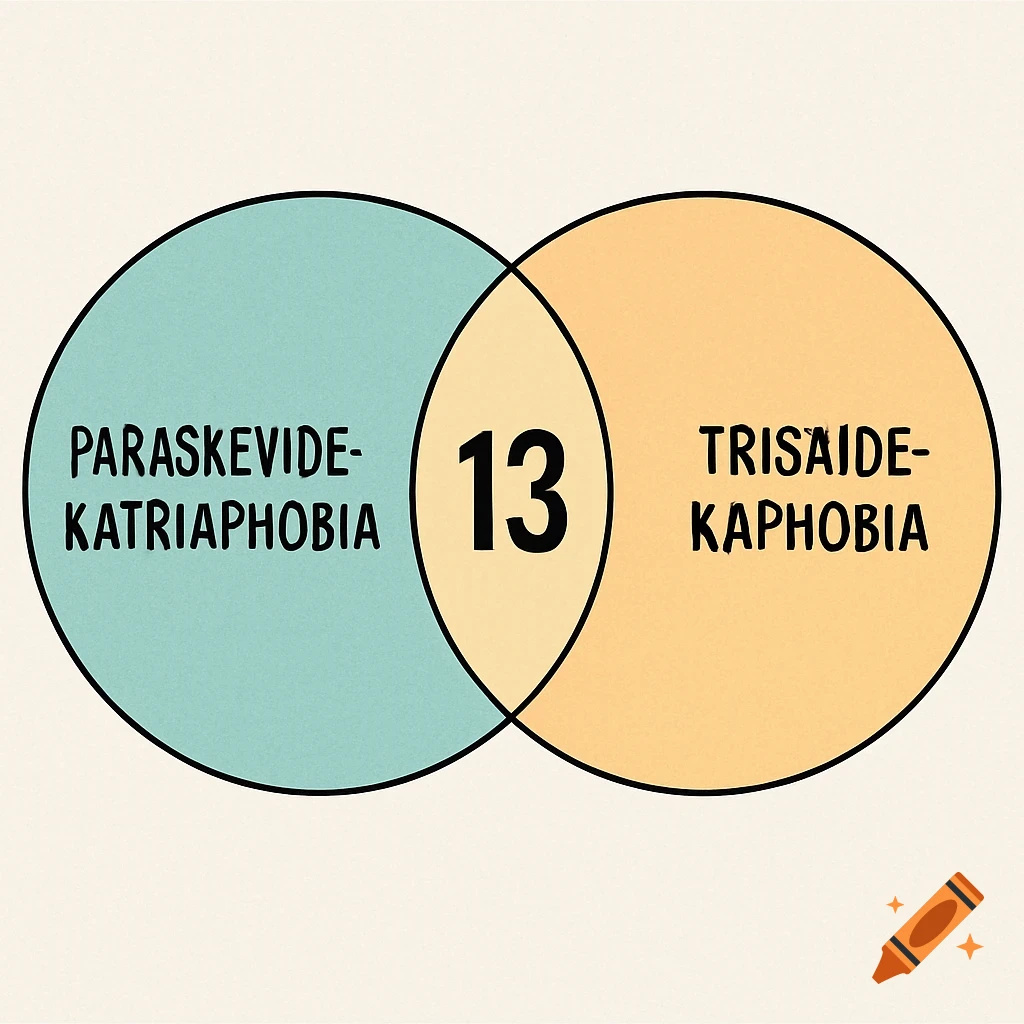 A Venn diagram illustrating paraskevidekatriaphobia and trisaidekaphobia, with 13 in the overlap ...