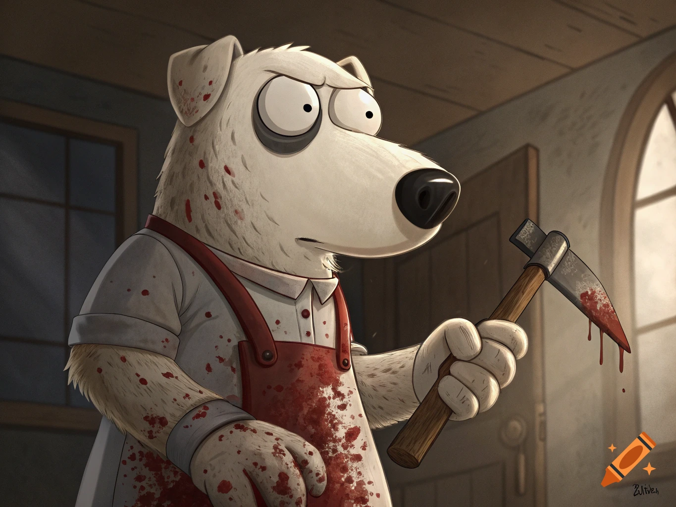 A cartoon dog resembling Brian Griffin, covered in blood and wearing an ...