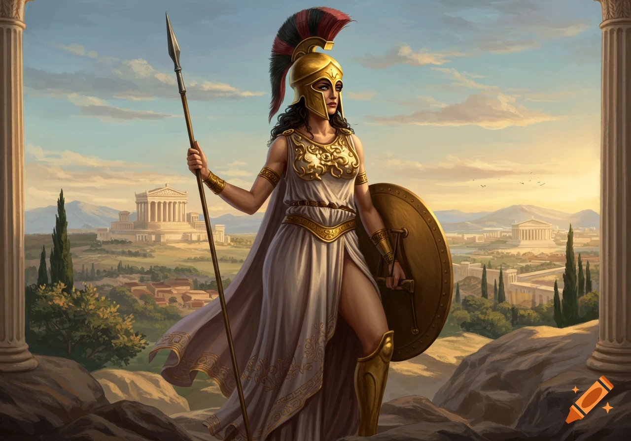 Illustration of Athena in helmet and armor holding a spear and shield ...
