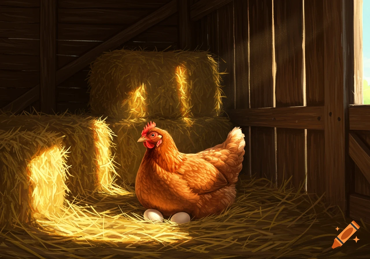 A hen sits on two eggs in a sunlit barn, illustration style. on Craiyon