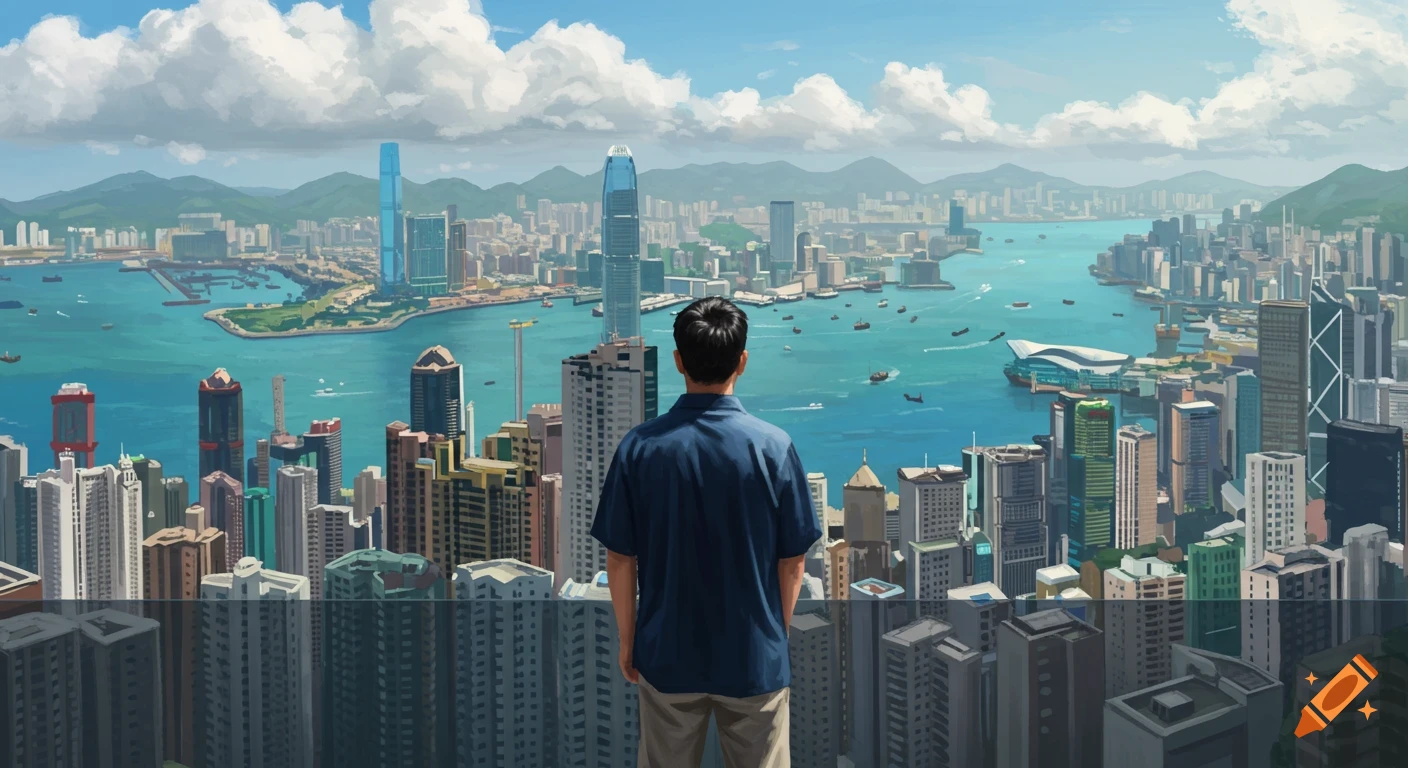 Man views a panoramic city skyline and harbor from a high viewpoint. on ...