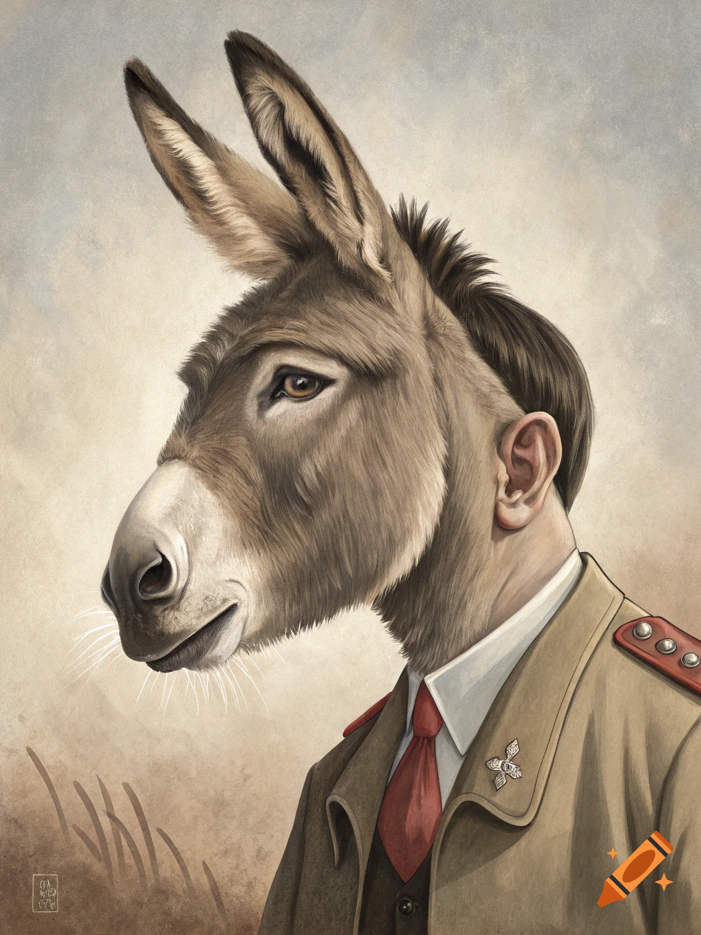Painterly portrait of an anthropomorphic donkey wearing a military ...