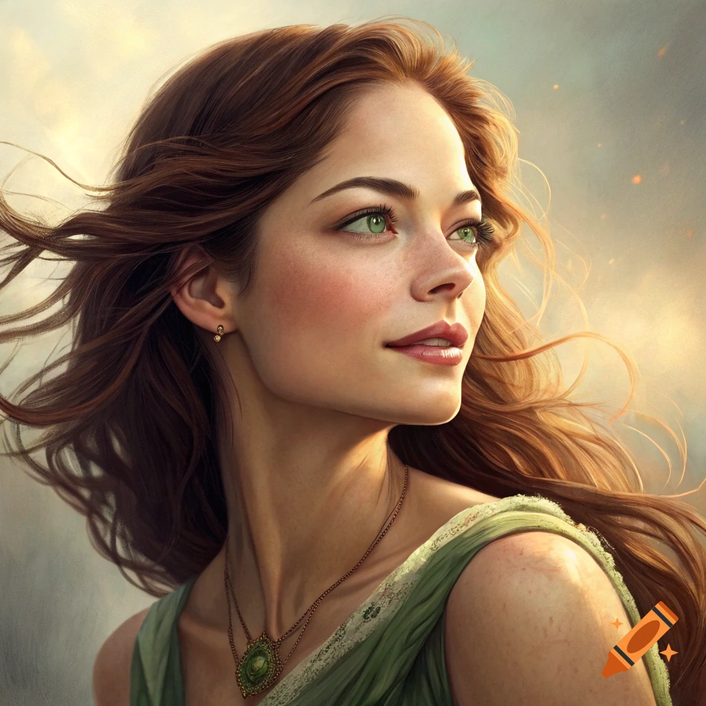 Realistic portrait of a woman with brown hair and green eyes, wind ...