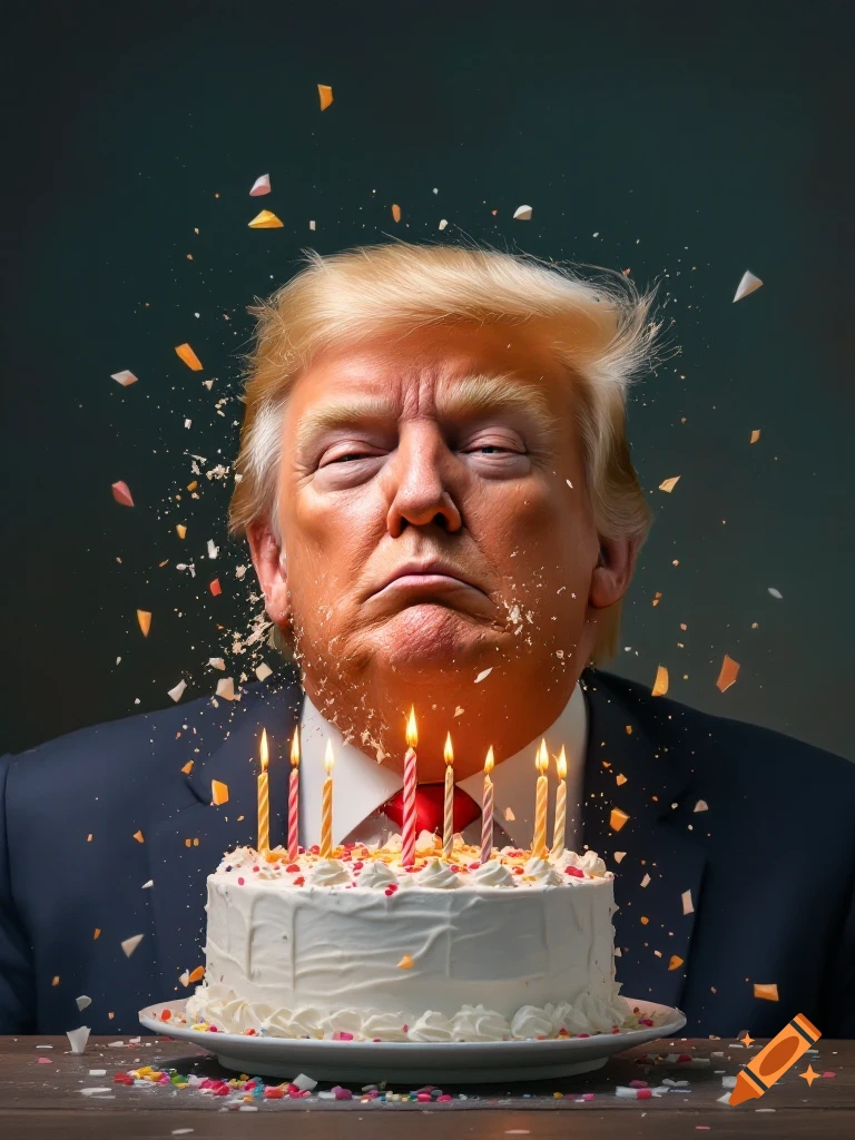 Someone resembling Donald Trump stands behind a white birthday cake ...