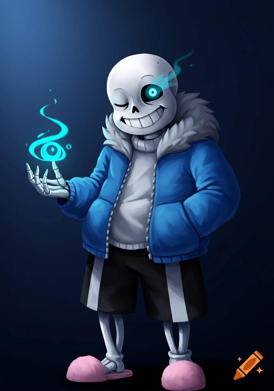 Illustration of Sans from Undertale winking and holding a glowing blue ...