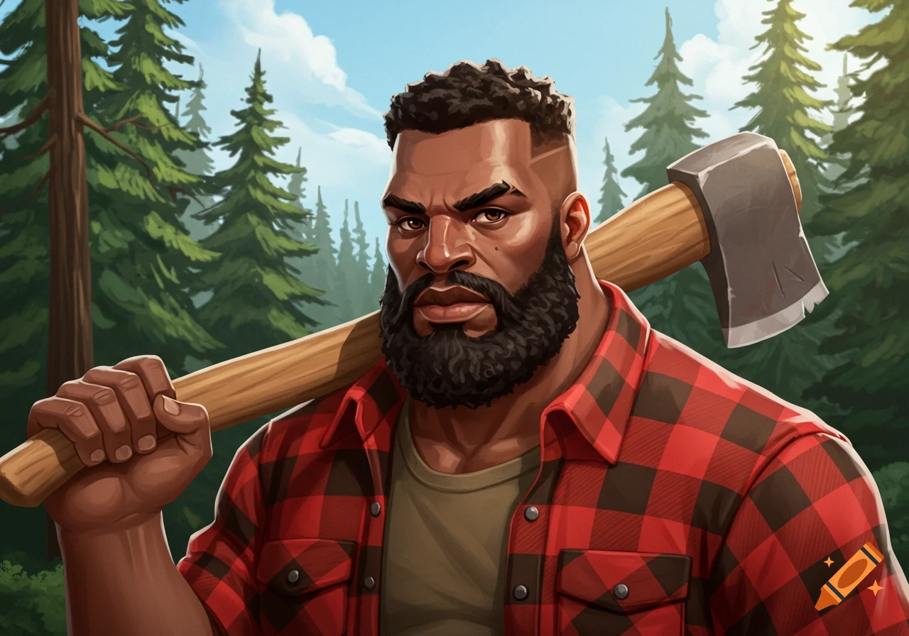 A strong man with a beard and red plaid shirt holds an axe over his ...