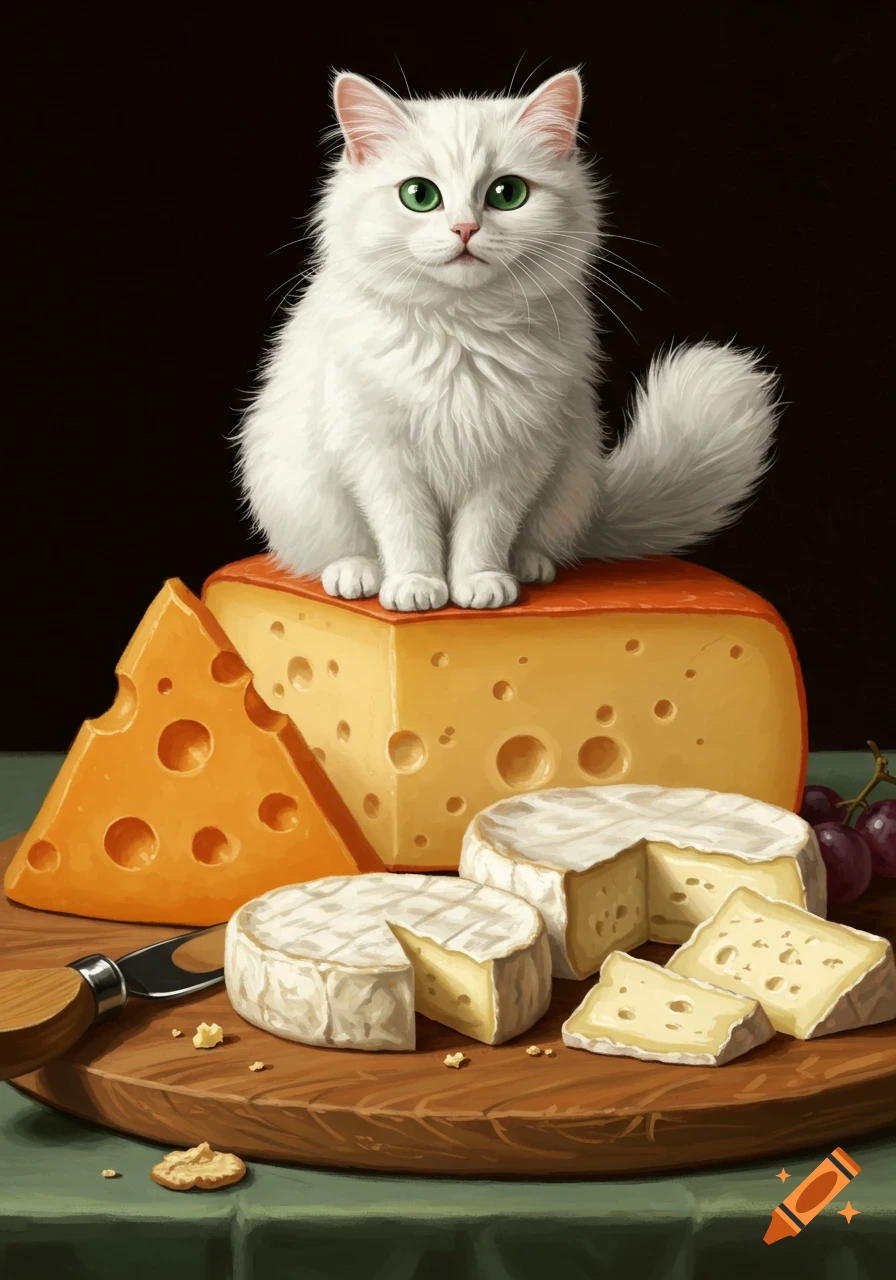A white cat sits on a cheese board with cheese, grapes, and a knife, in ...