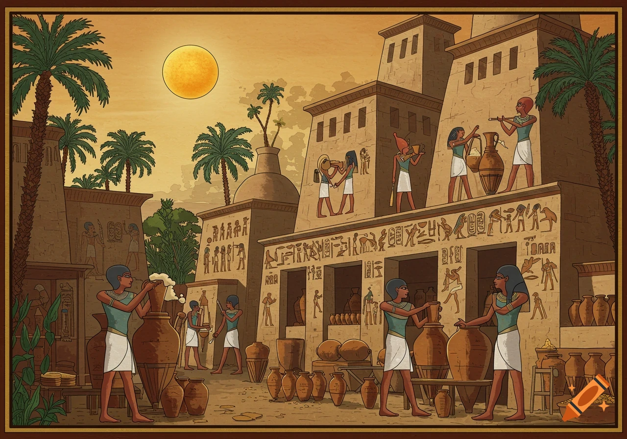 Stylized illustration of ancient Egyptians brewing beer outside ...