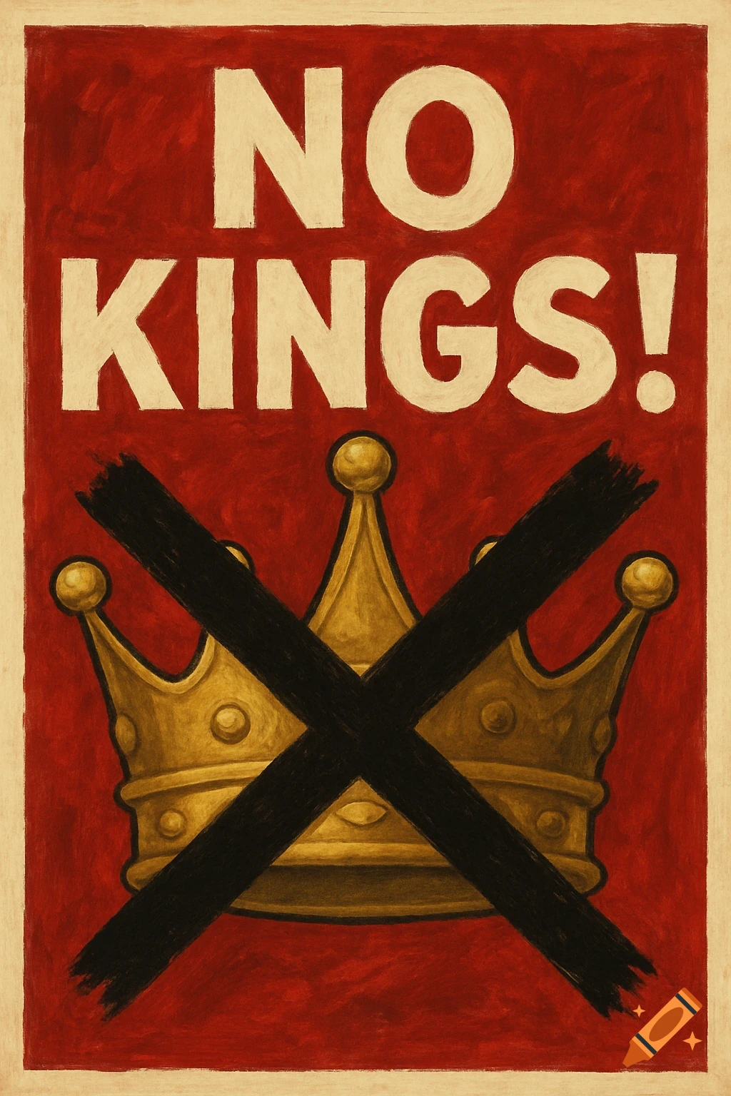 Poster saying NO KINGS! with a crossed-out crown on Craiyon