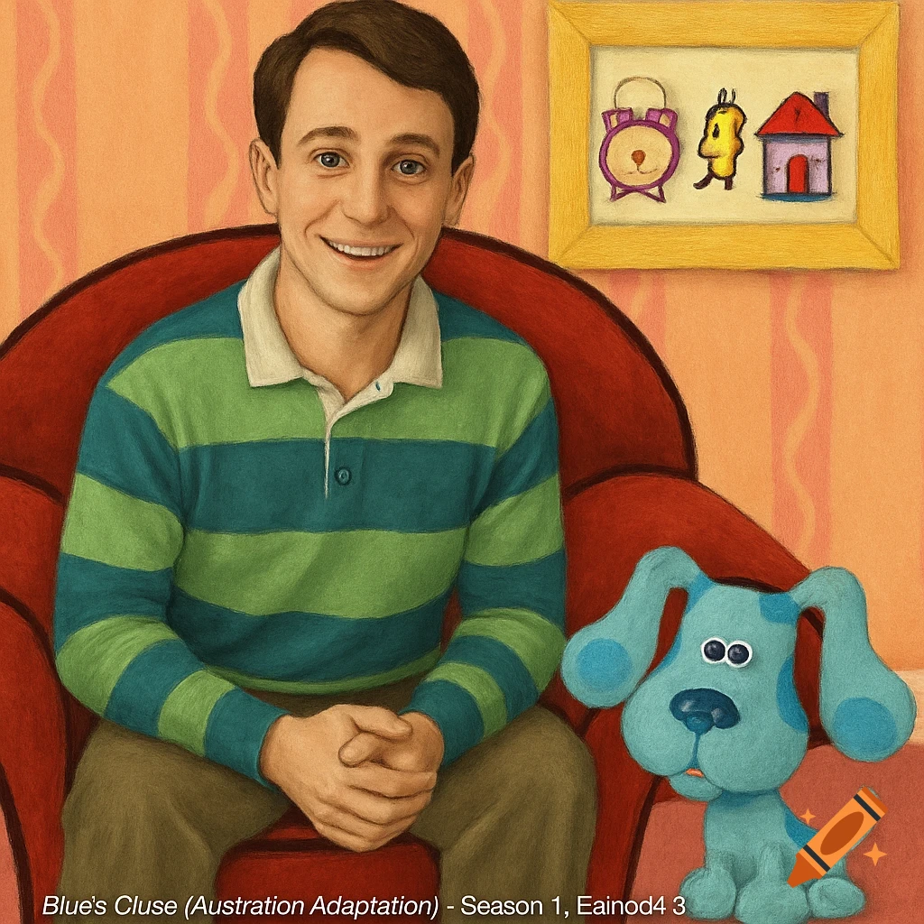 Illustration of Steve from Blue's Clues sitting in a chair with Blue ...