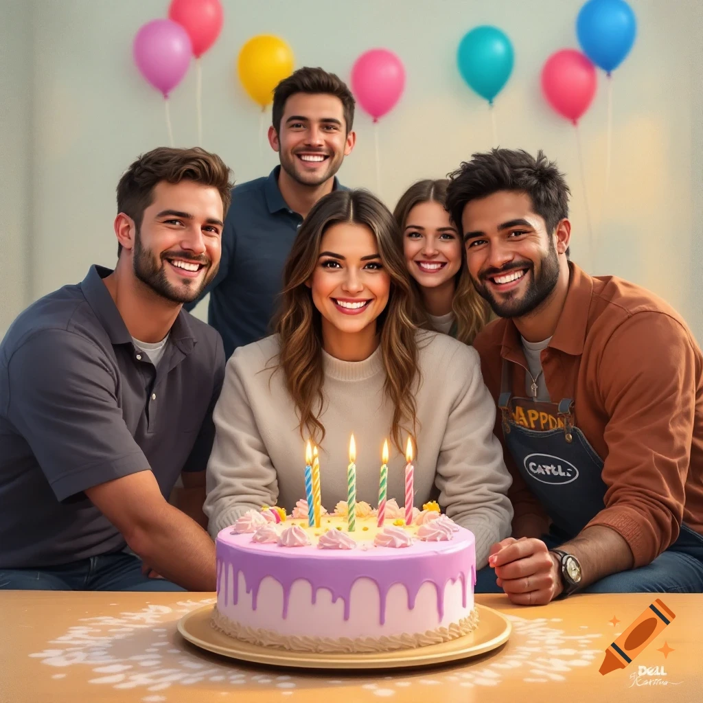 Group of smiling people celebrating a birthday with a cake on Craiyon