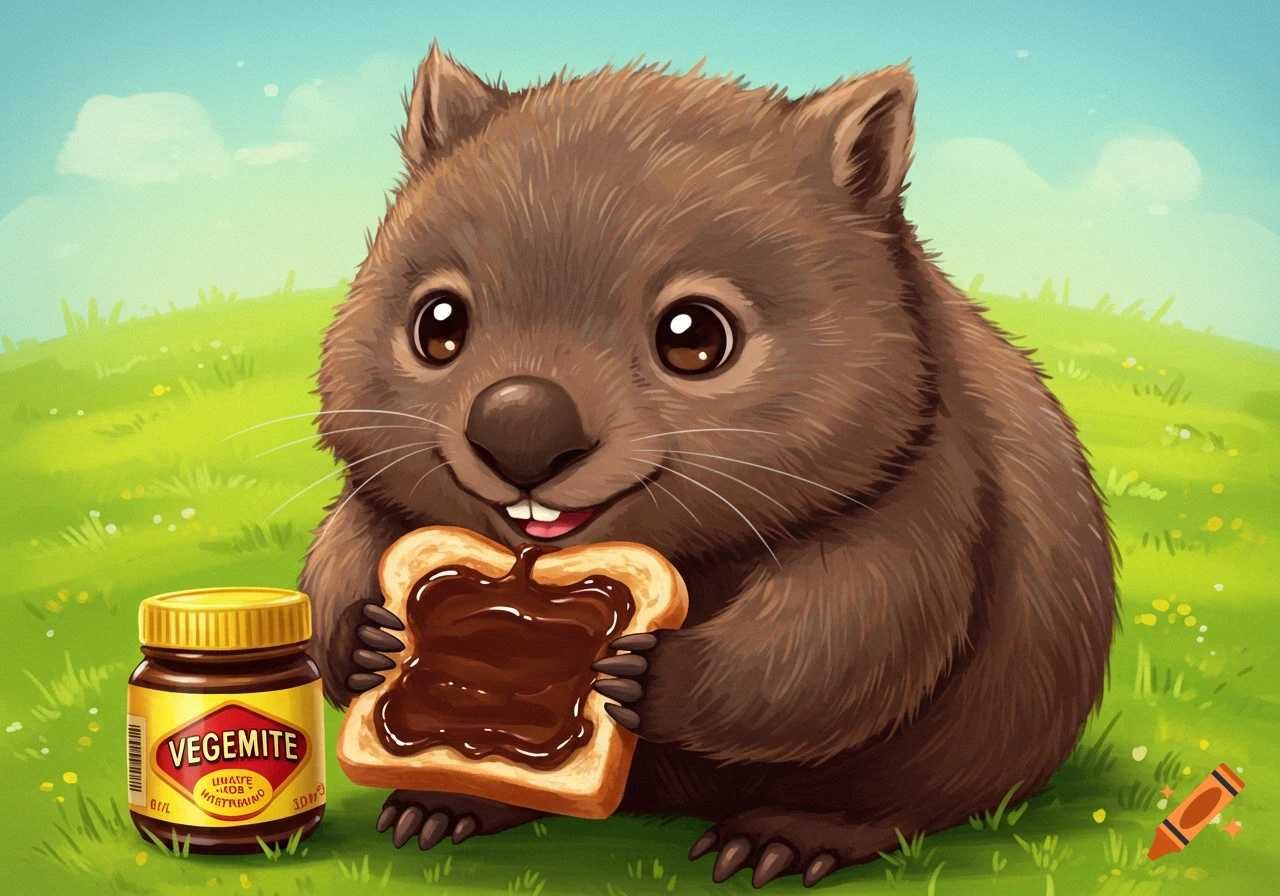 Cartoon wombat holding Vegemite toast with a Vegemite jar nearby on a ...