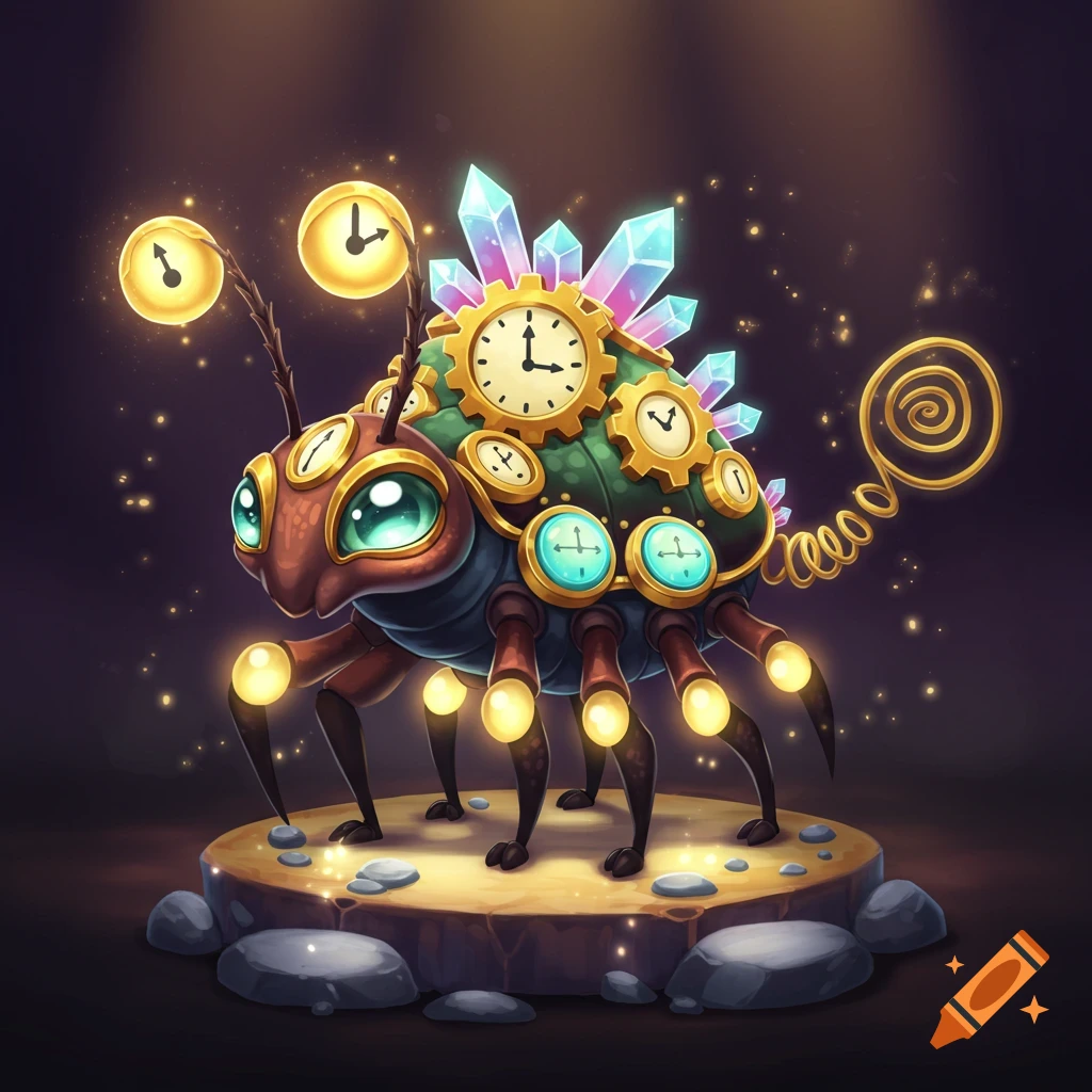 A whimsical cartoon fantasy insect creature with clocks and gears ...