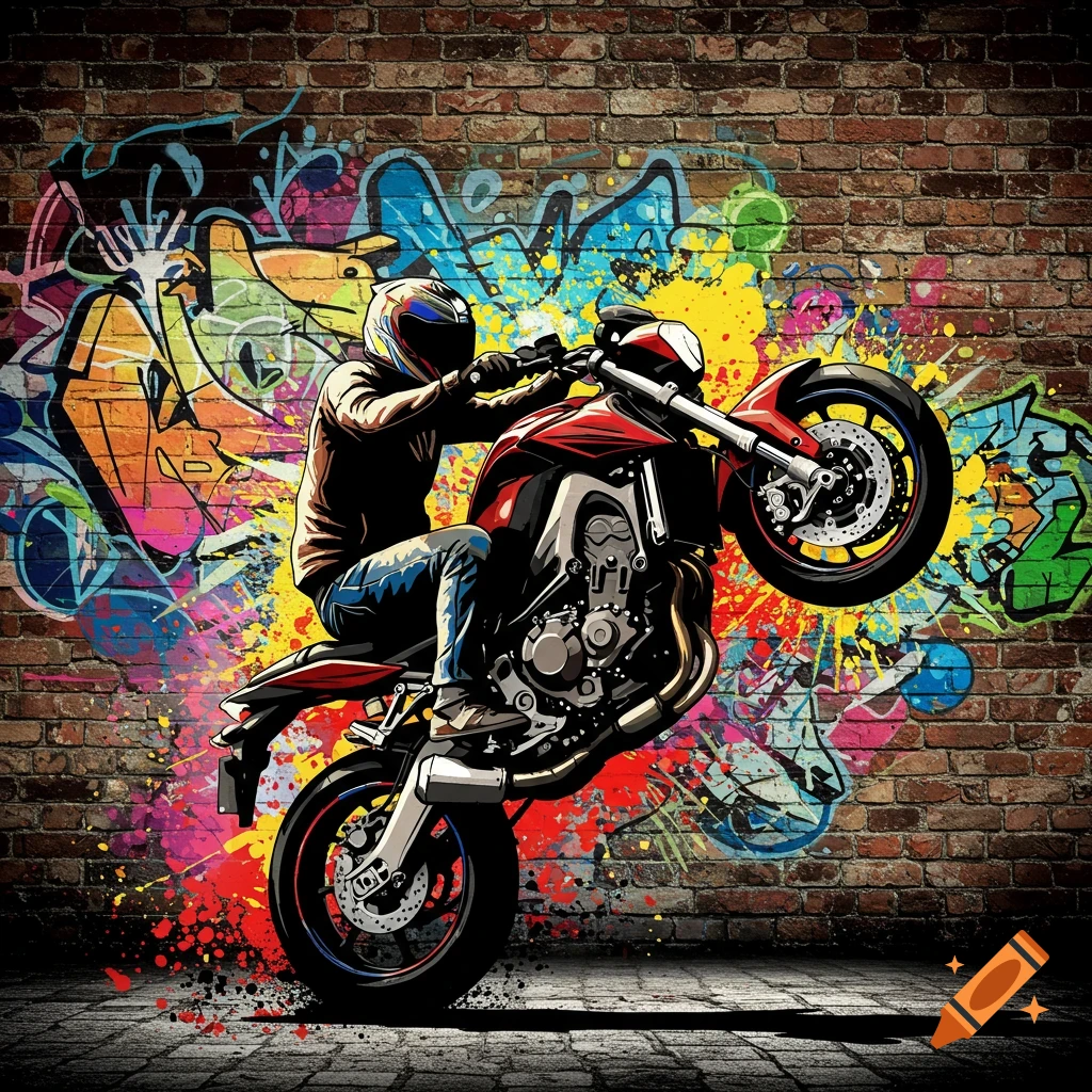 Graphic style drawing of a motorcyclist doing a wheelie in front of a ...