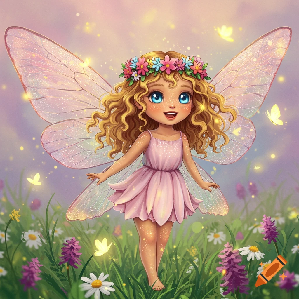 A cute fairy with blonde curly hair, a flower crown, and pink dress ...