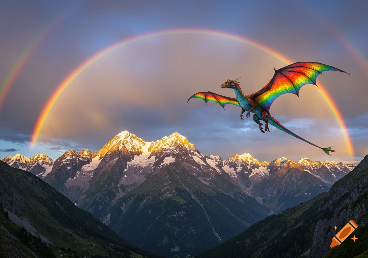 A rainbow-winged dragon flies over a mountain range under a double ...