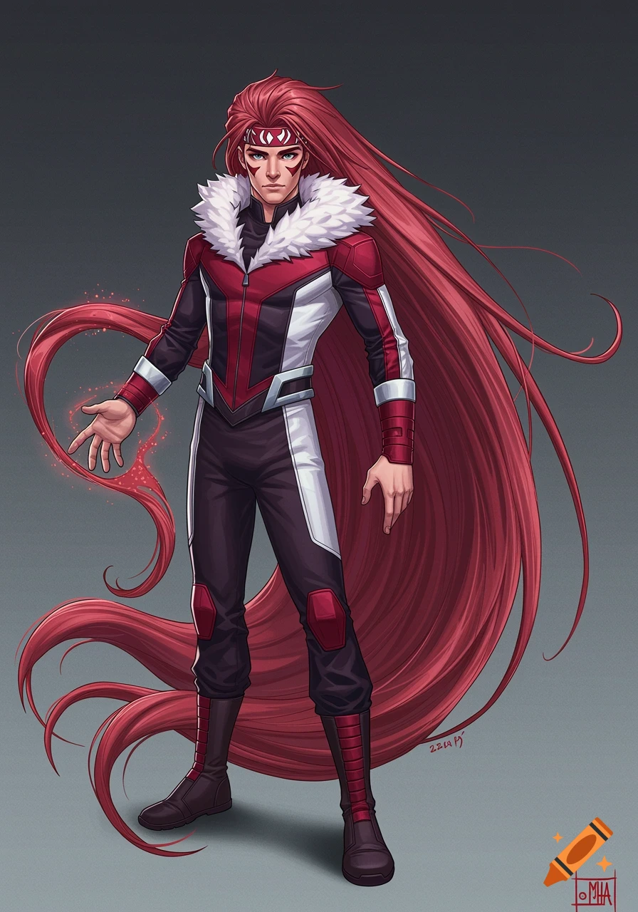 Anime character with long red hair in red and white suit on Craiyon