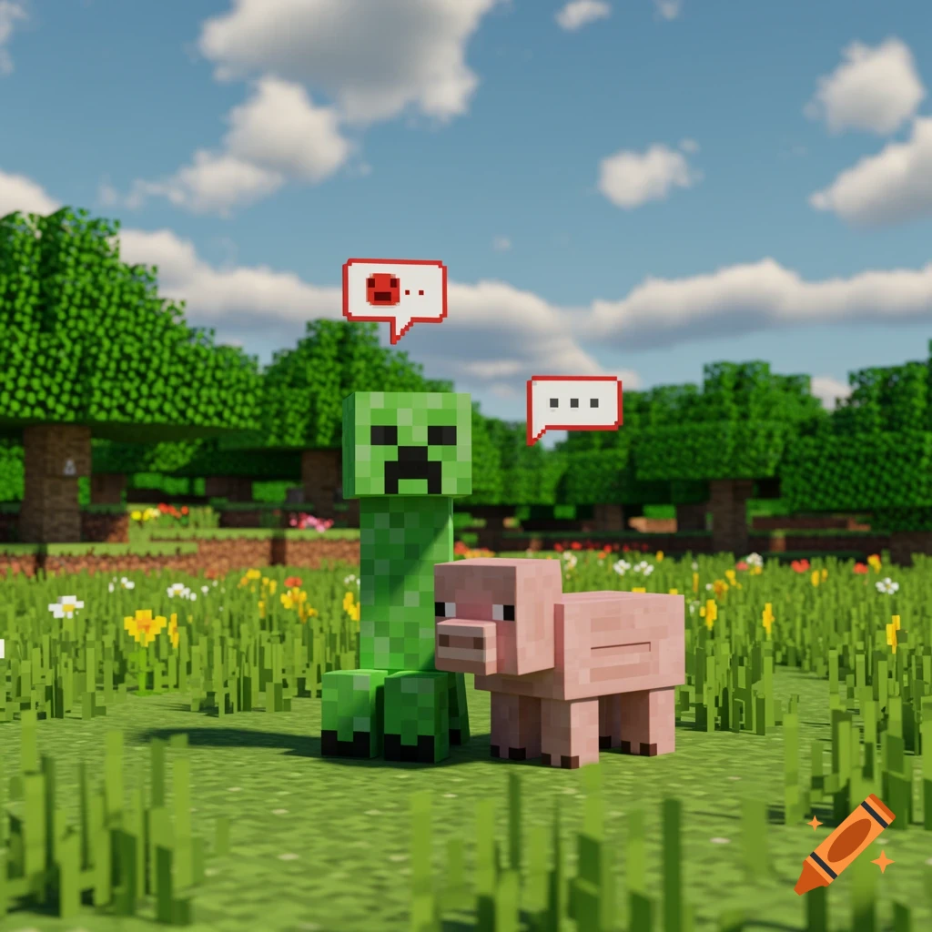 Minecraft creeper and pig stand in a field with speech bubbles in a 3D ...
