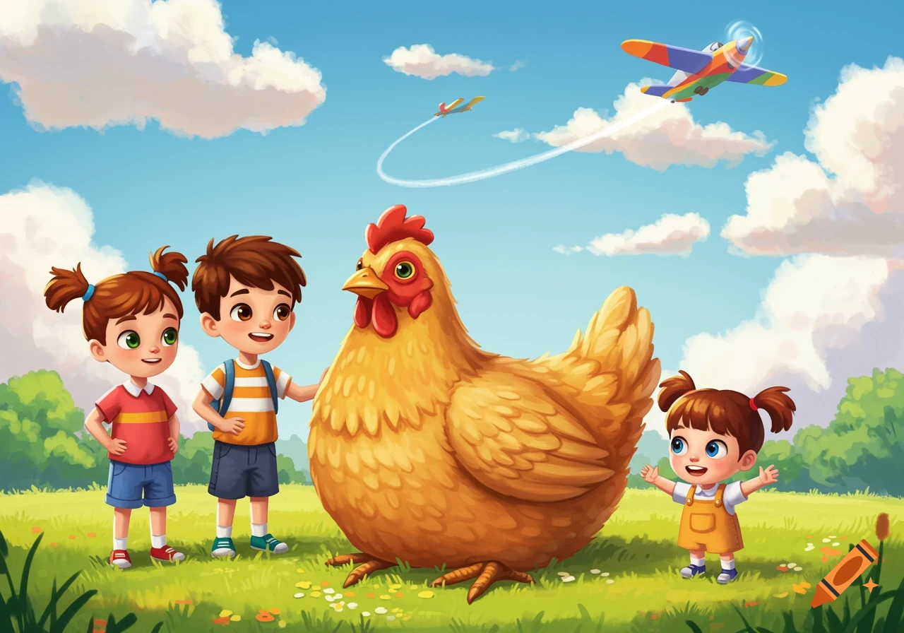 Children and a giant chicken in a field with airplanes flying overhead ...