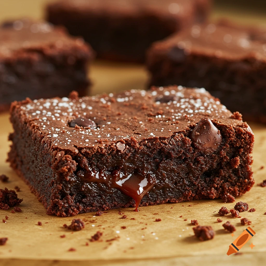 Close-up photo of a chocolate brownie with gooey center and powdered ...