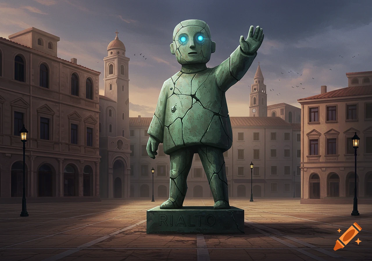 Cracked stone statue with glowing blue eyes stands in empty city square ...