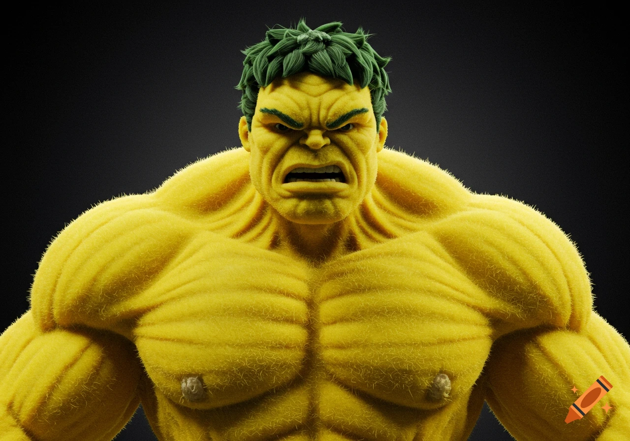 Close-up of the Hulk made of yellow non-woven material with green hair ...