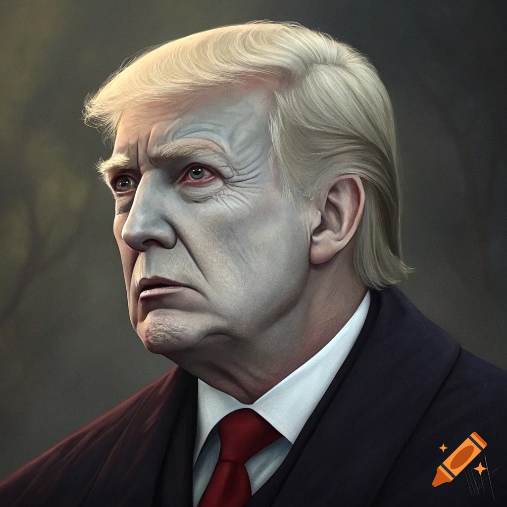 A portrait of a ghoulish figure resembling Donald Trump with pale skin ...