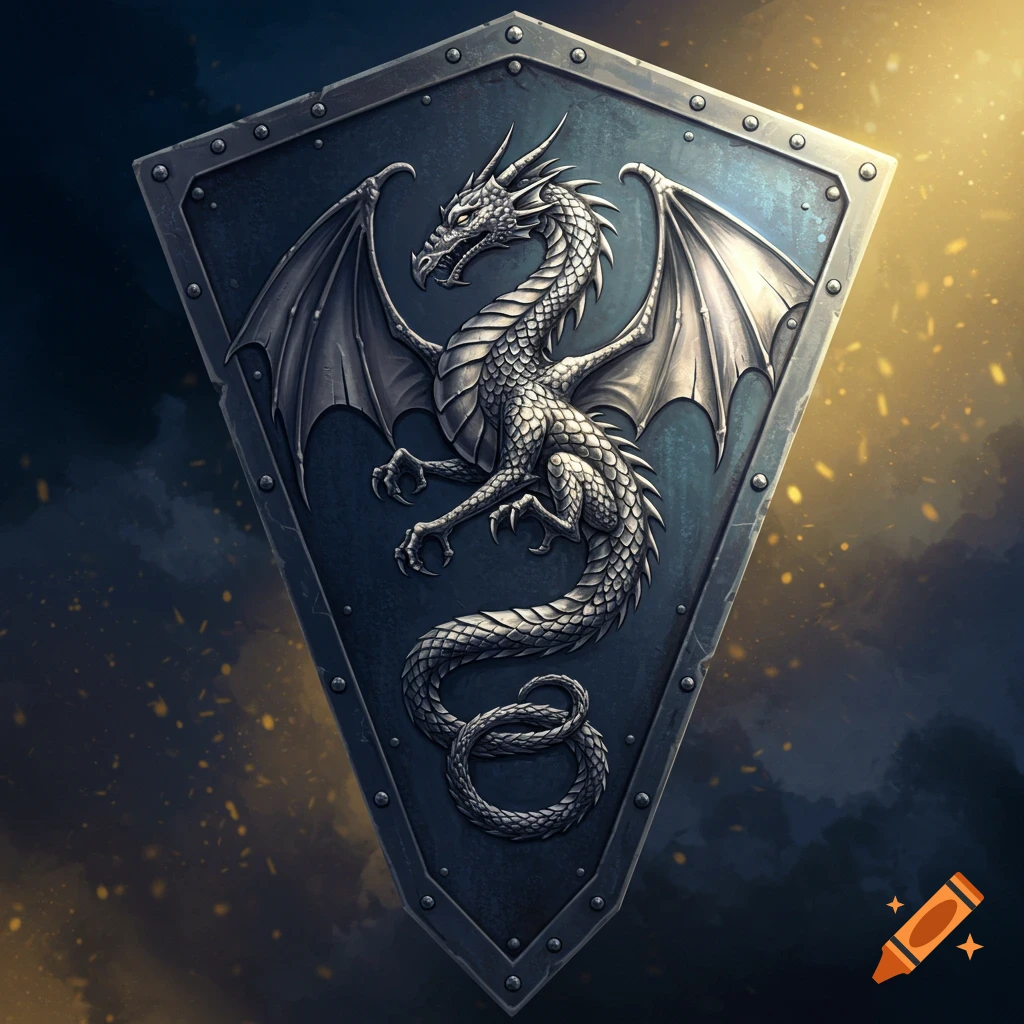 A metal kite shield with a relief of a platinum dragon on the face on ...