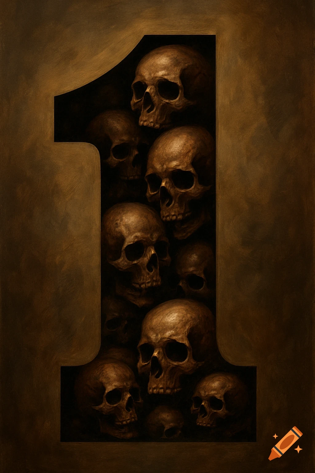 A large number one filled with detailed skulls, in a dark, painterly ...
