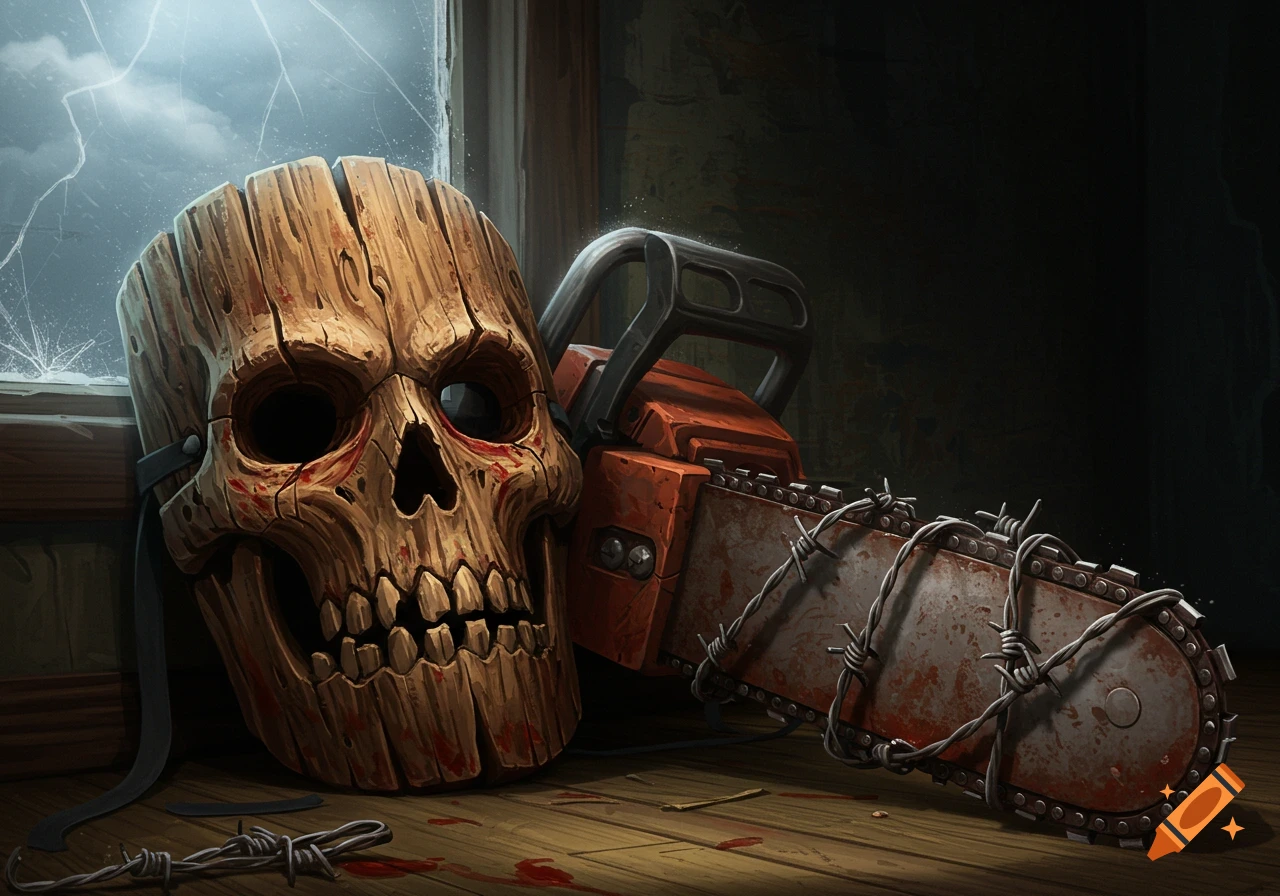 A wooden skull mask leans against a rusty chainsaw wrapped in barbed ...