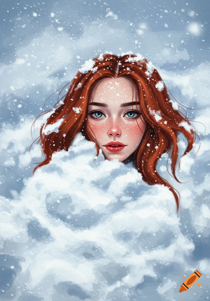 Illustration of a red-haired woman with blue eyes buried in snow on Craiyon