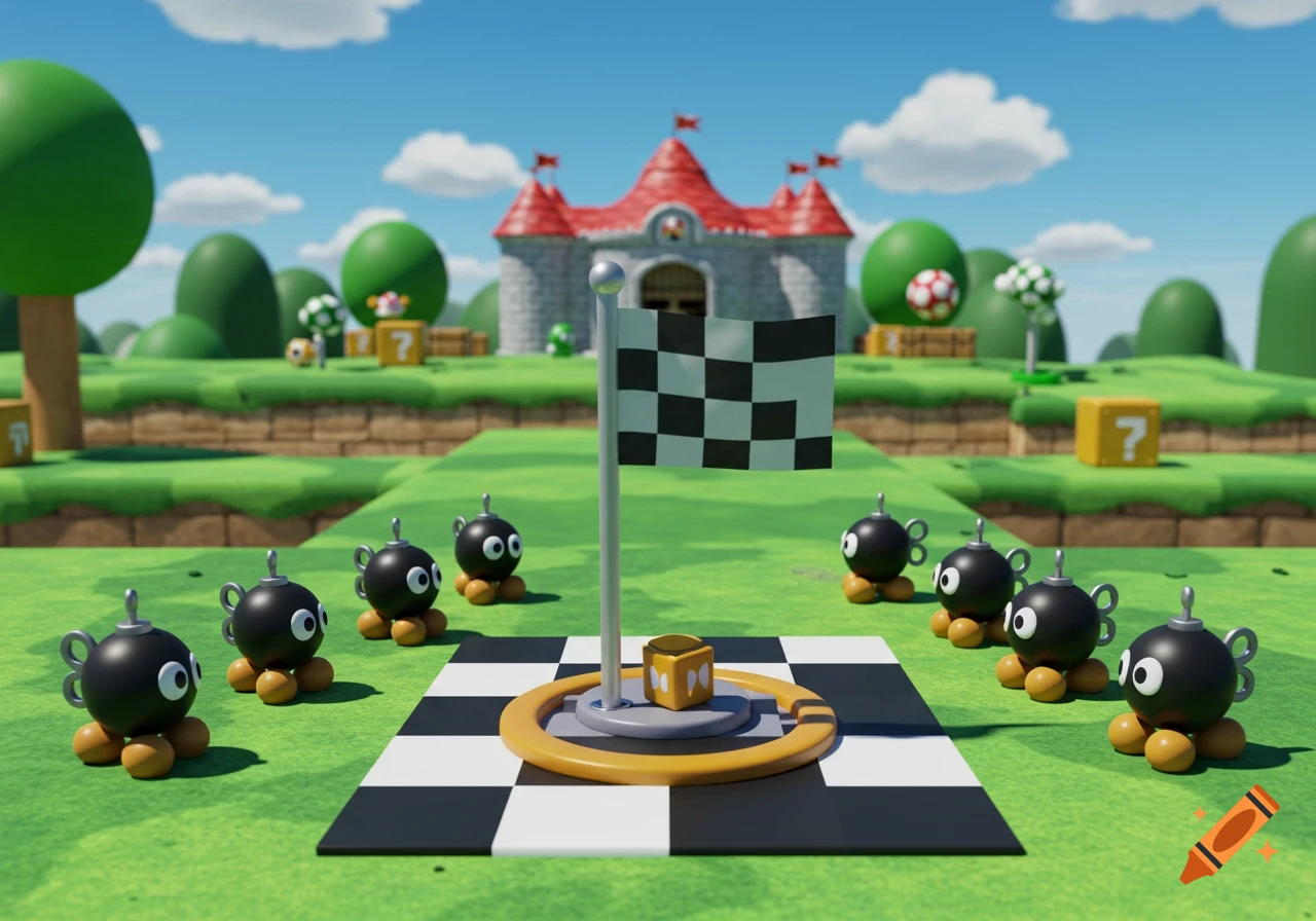 3D render of Super Mario 64's Bob-omb Battlefield with Bob-ombs around ...