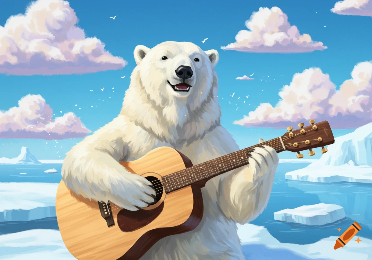 A smiling polar bear plays an acoustic guitar in an arctic landscape ...