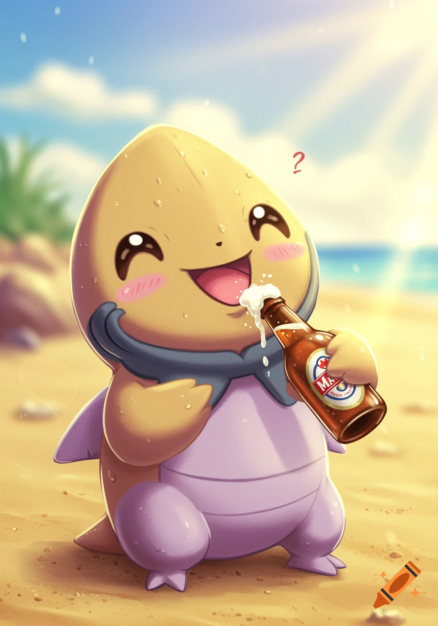 Cute cartoon Pokemon (Trapinch) drinking a bottle of beer on the beach ...