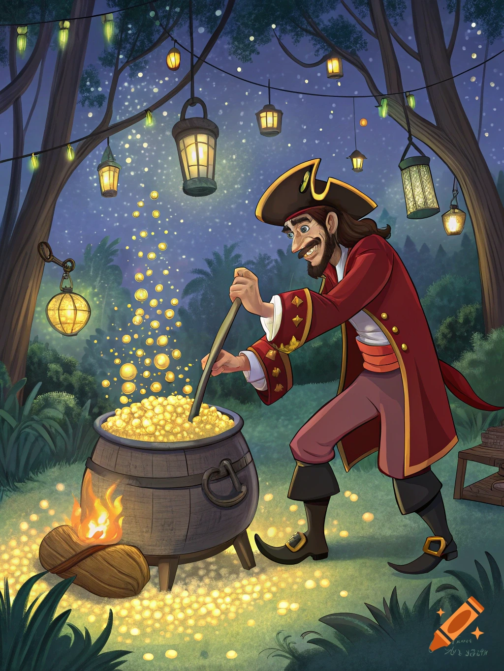 Cartoon pirate stirring a cauldron of gold over a fire at night with ...