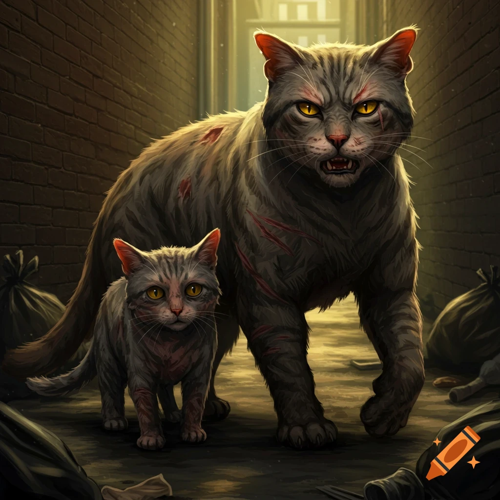 Two tough street cats with scratches stand in an alleyway on Craiyon