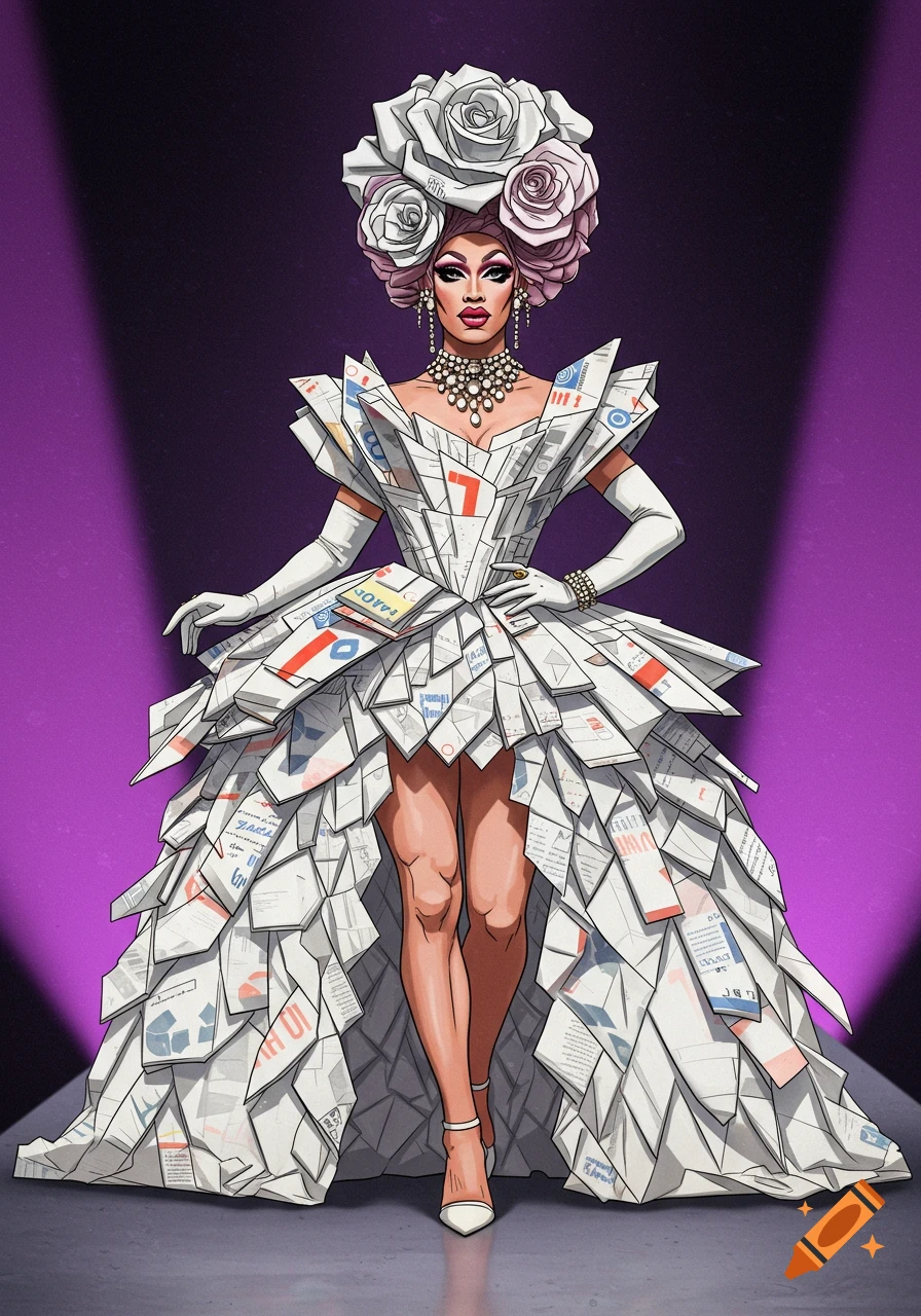 Illustration of a drag queen in a gown made of paper scraps with a ...