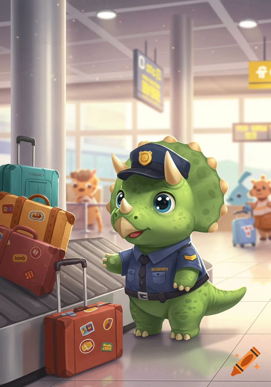 Cute cartoon dinosaur security guard at airport with luggage on a ...