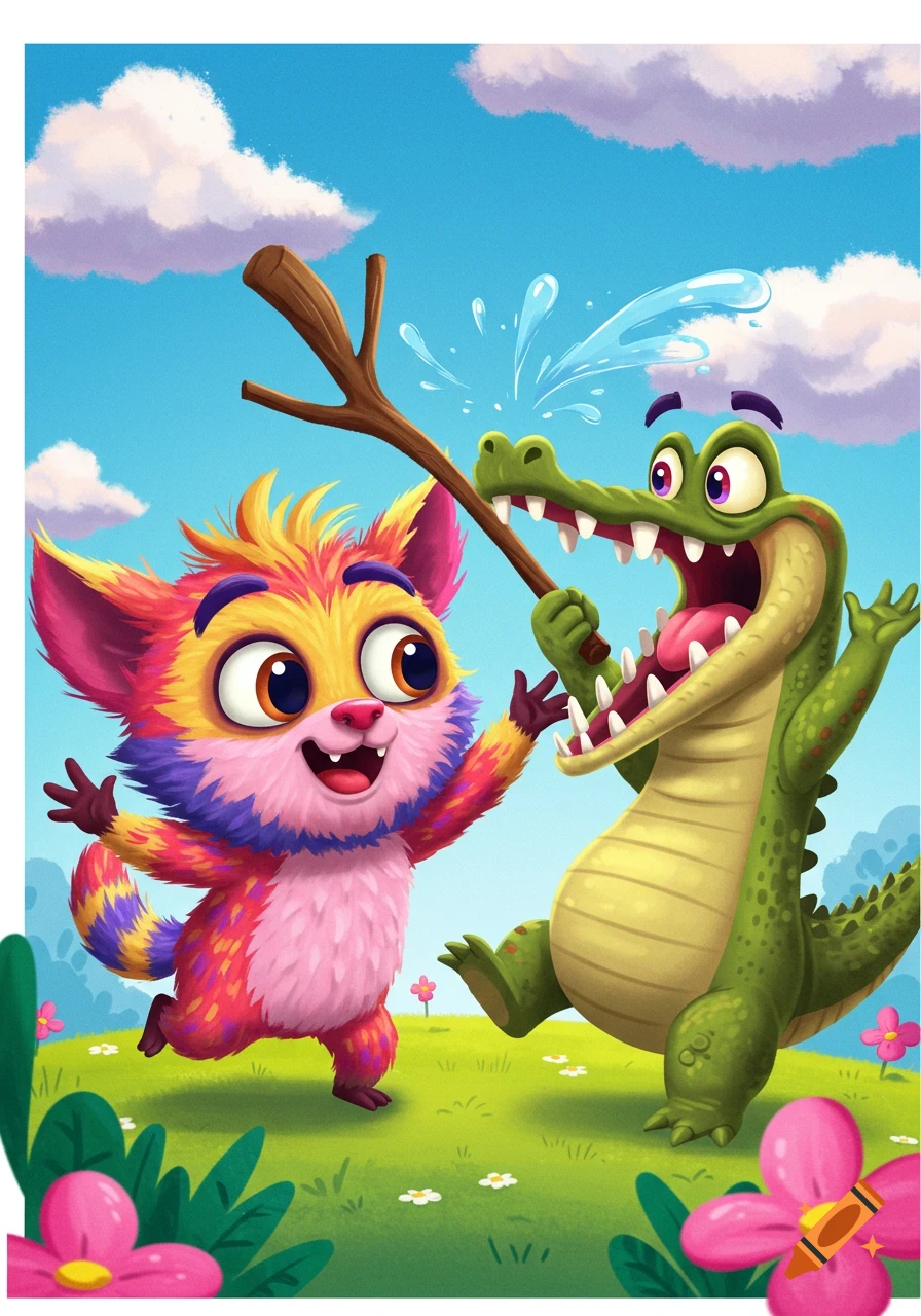 Cartoon furry creature playing with an alligator outdoors on Craiyon