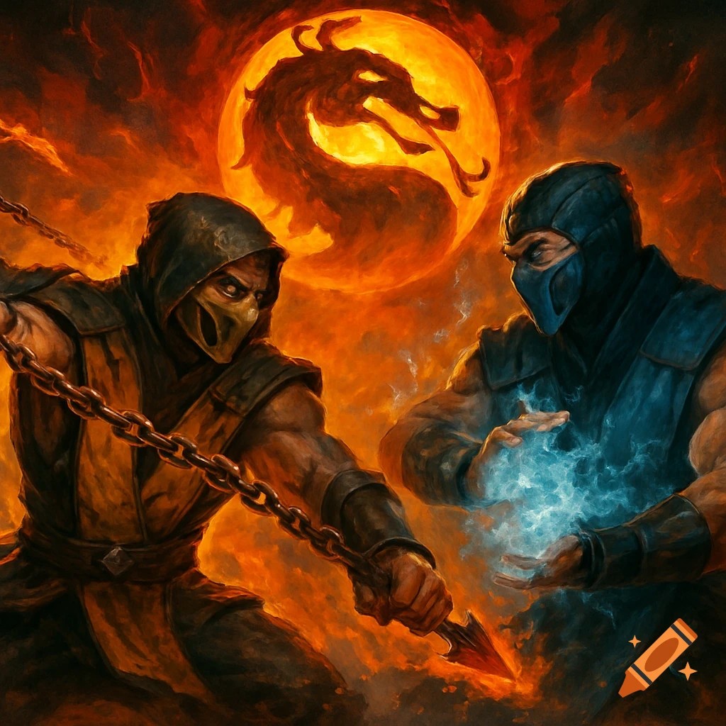 Mortal Kombat fighters Scorpion and Sub-Zero battle under a dragon moon in a fiery landscape. on ...