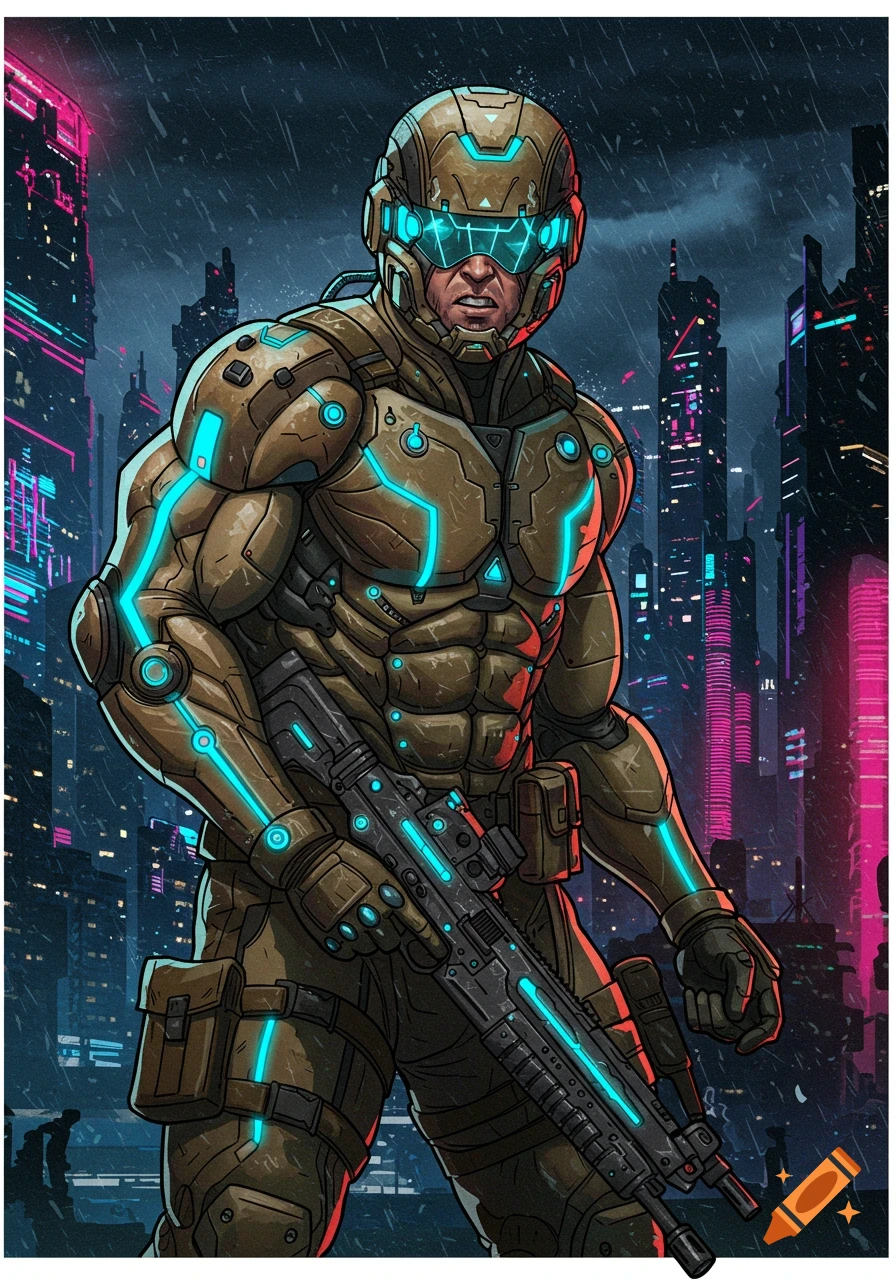 A heavily armored cyberpunk soldier stands in the rain on a city street ...