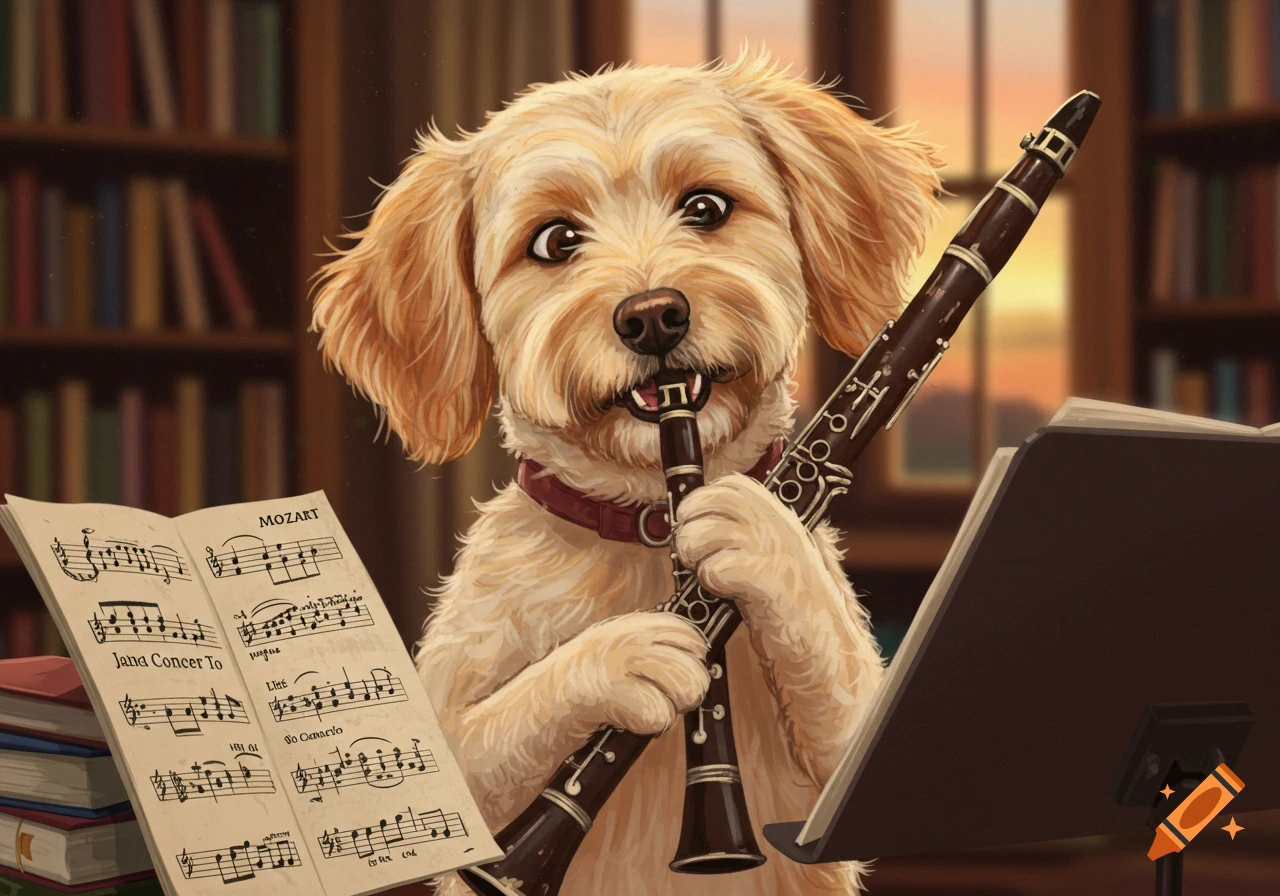 A funny dog plays the clarinet while reading sheet music. on Craiyon