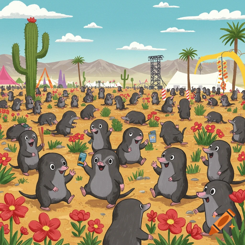 Illustrated scene of cartoon moles attending a music festival in the ...