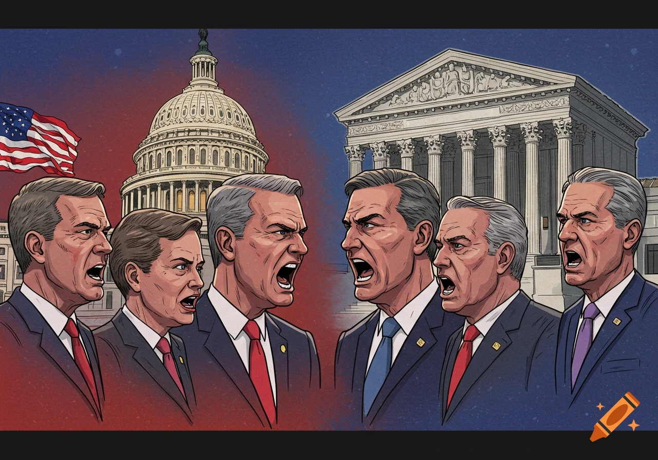 Illustration of people arguing in front of the US Capitol and Supreme ...