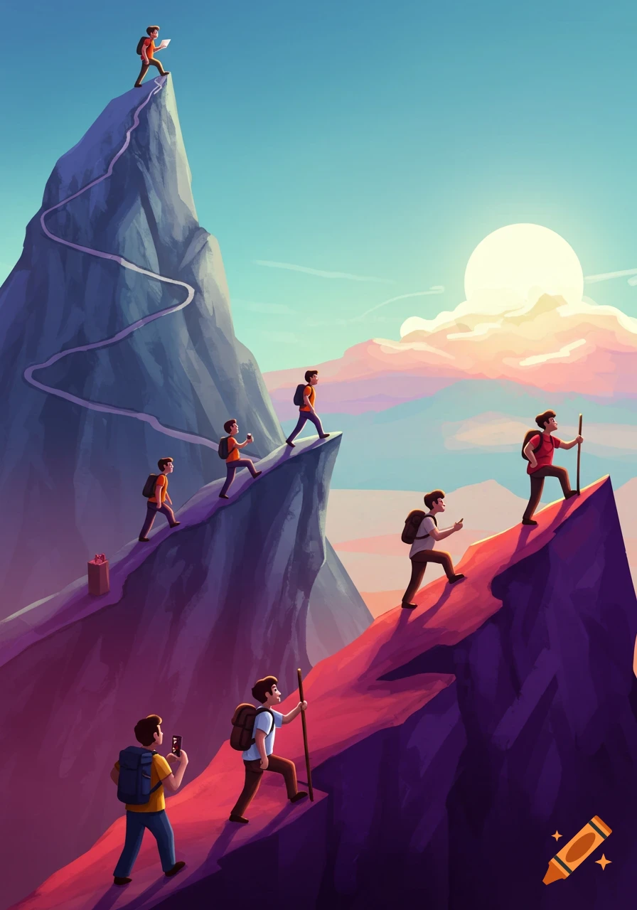 Stylized illustration of people climbing a winding mountain path ...