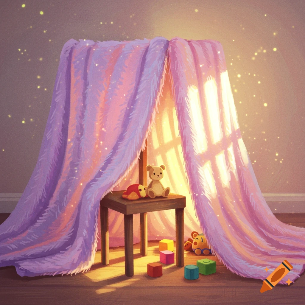 A cozy blanket fort made with a pink fluffy blanket over a small table ...