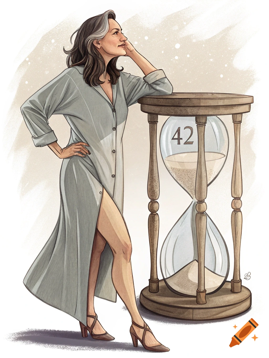 Illustration of a woman leaning on a large hourglass with '42' on it ...