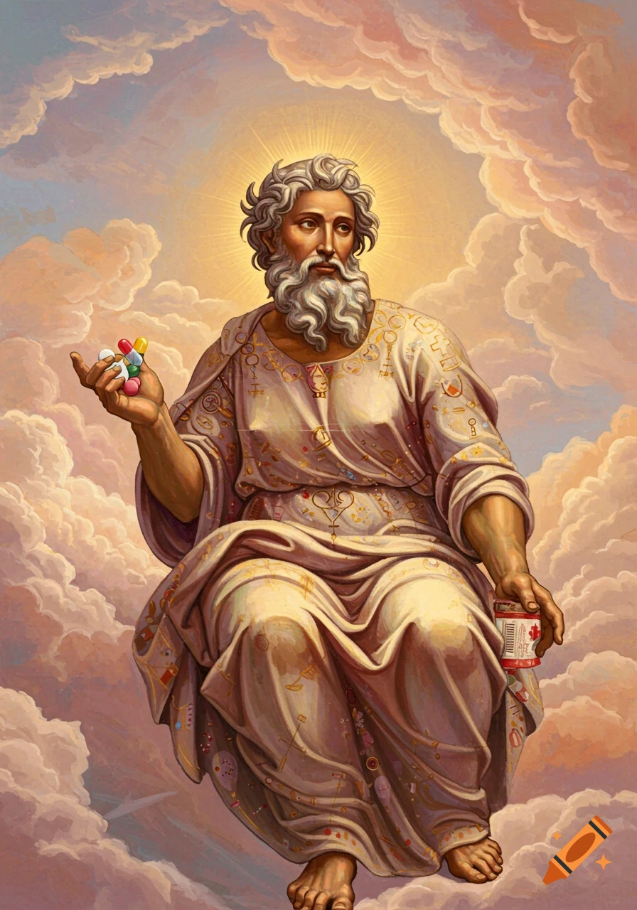 Painting of a robed figure with a beard, holding pills and a bottle ...