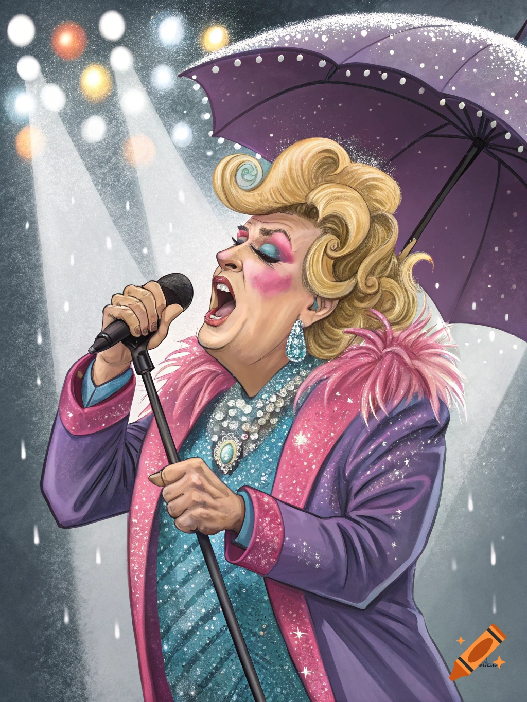 Illustration of a drag queen singing into a microphone while holding a ...