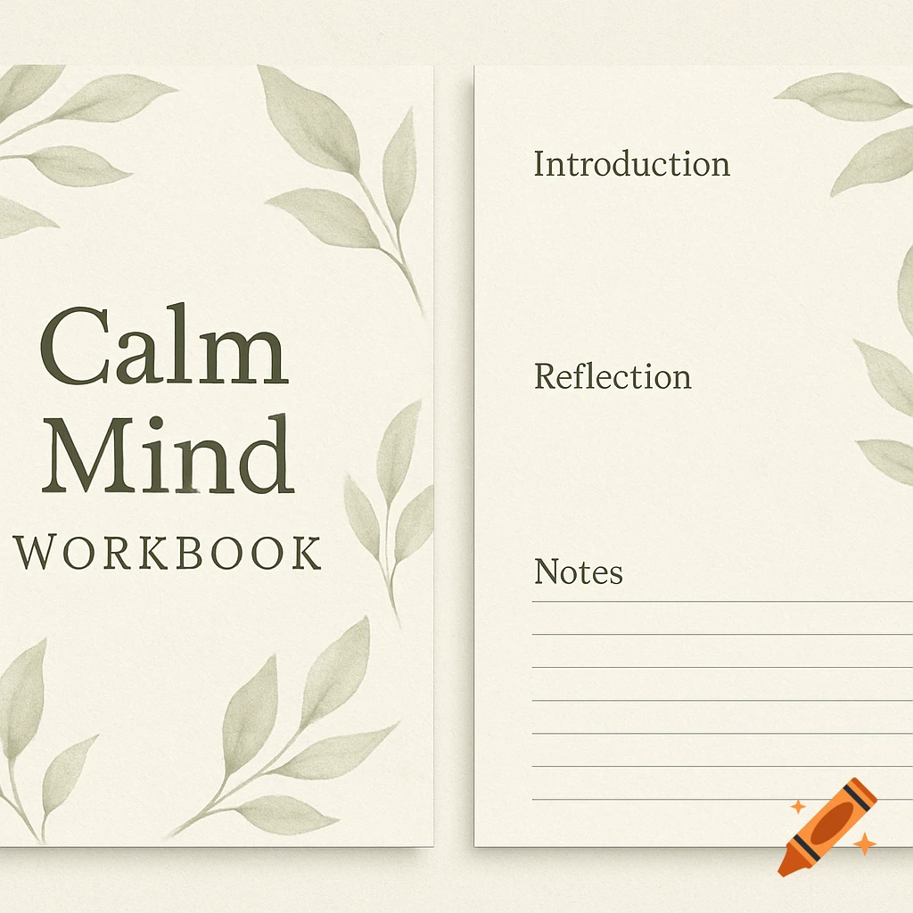Workbook pages with 'Calm Mind WORKBOOK' cover and interior page with ...
